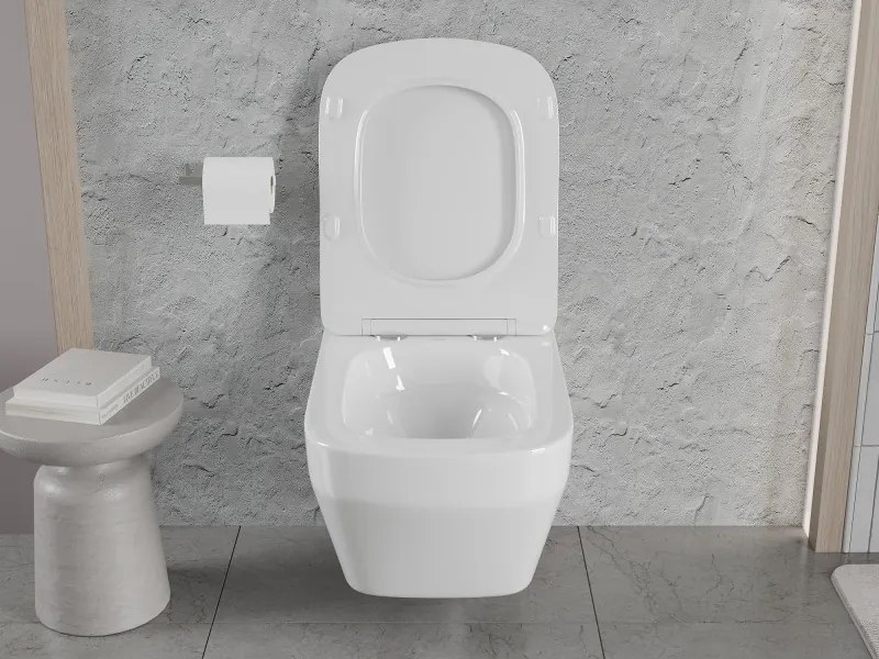 Mexen Riva, závěsná WC mísa 555x370x335 mm, Rimless Tornádo + WC sedátko z duroplastu, bílá lesklá, 30630200T