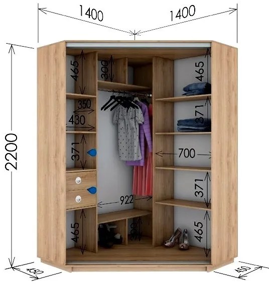 CASARREDO Šatní skříň rohová CORA 140/220 bílá/zrcadlo