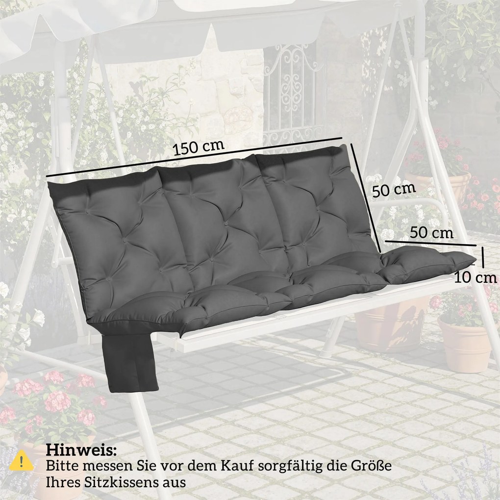 Outsunny polštář na lavici pro 3 osoby 150 x 100 x 10 cm — prošitý, voděodpudivý polyester, ochrana UPF 30+, popruhy a postranní kapsa — tmavě šedý