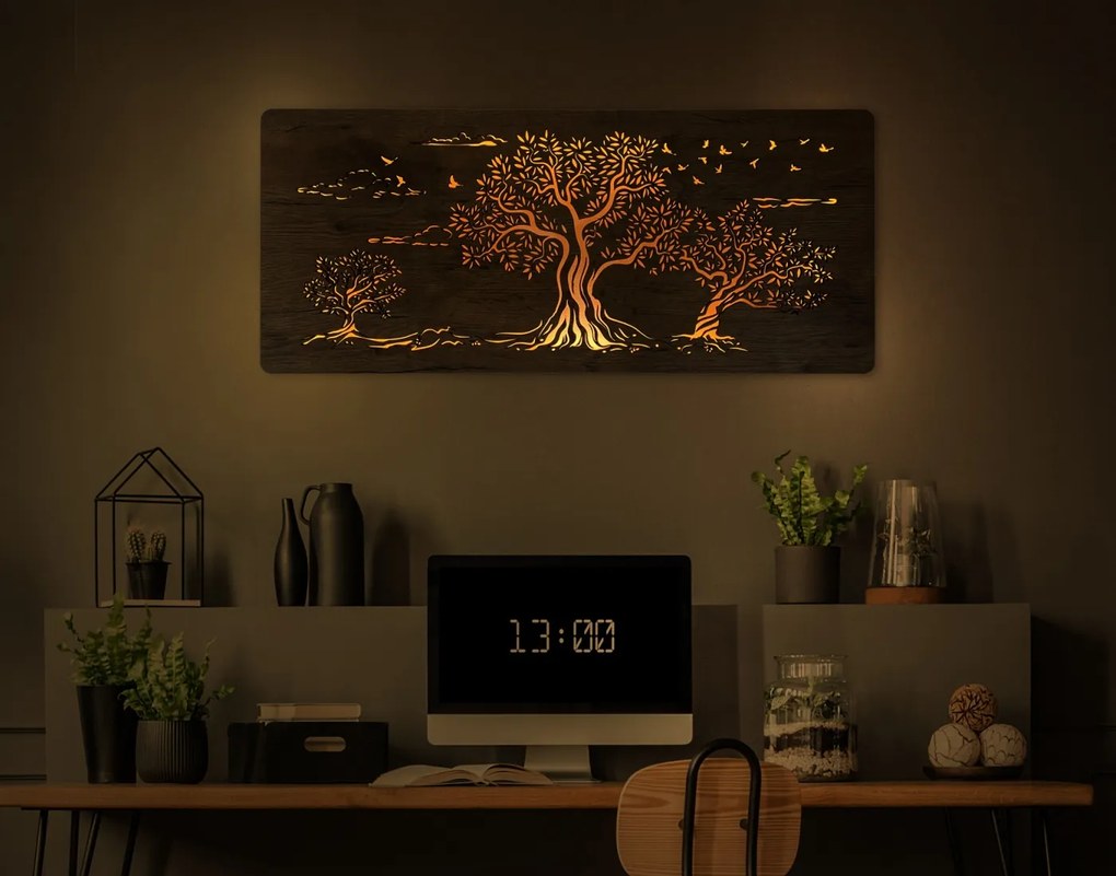 Li-Go "Tři olivy" světelný obraz s baterií 90x40cm varianta ovládání: manuál/pohybové čidlo, provedení povrchu: dub