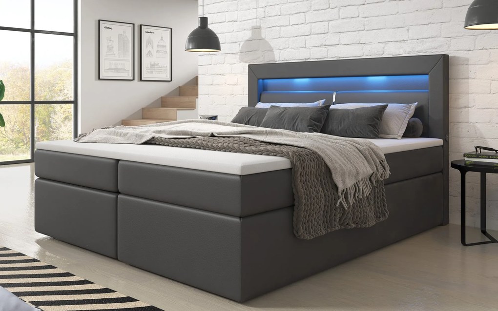 K&M postele Boxspring postel REPOS bez úložného prostoru, LED a USB Velikost postele: 200 × 200 cm, Výběr matrace: Oboustranná pružinová matrace - st…