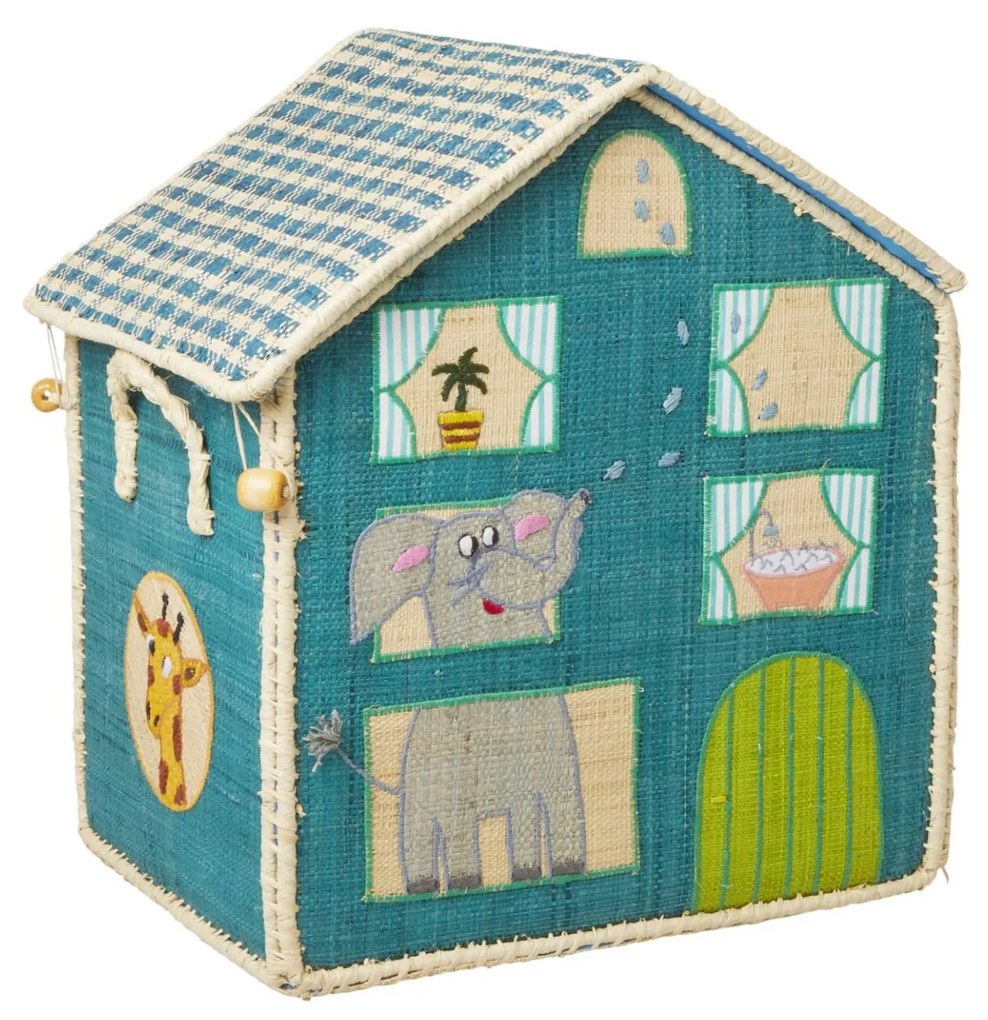 rice Dětský úložný box Jungle House Malý (modrá), modrá barva, zelená barva, proutí