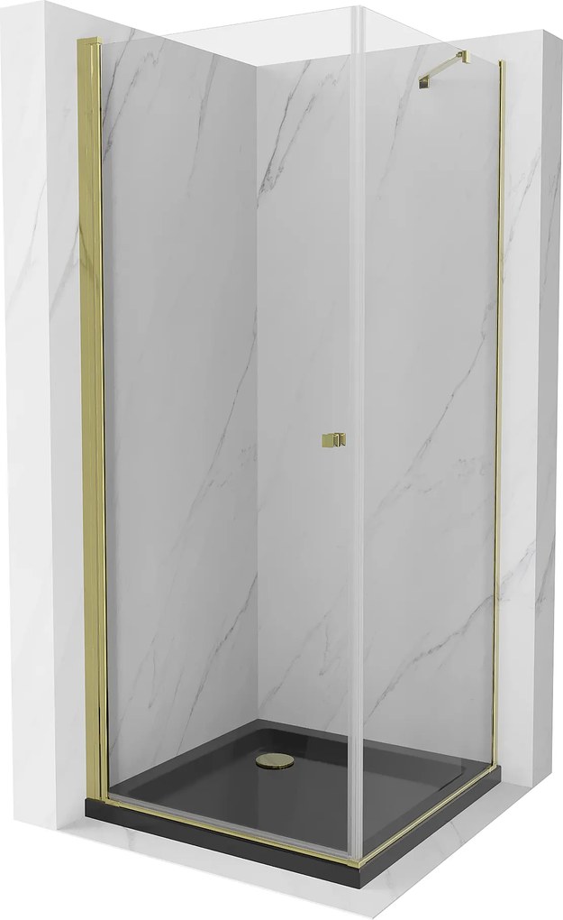 Mexen Pretoria, sprchový kout 100 (dveře) x 100 (stěna) cm, 6mm čiré sklo, zlatý profil + černá sprchová vanička, 852-100-100-50-00-4070G