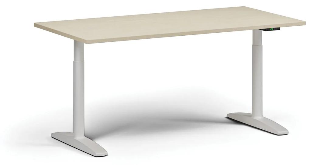 Výškově nastavitelný stůl OBOL, elektrický, 675-1325 mm, deska 1600x800 mm, bílá zaoblená podnož, bříza
