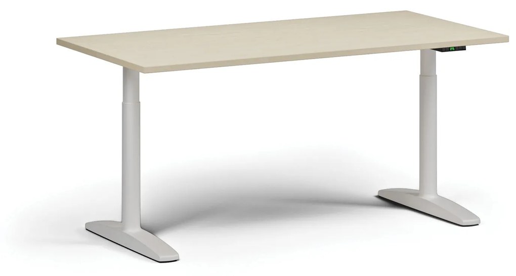 Výškově nastavitelný stůl OBOL, elektrický, 675-1325 mm, deska 1600x800 mm, bílá zaoblená podnož, ořech