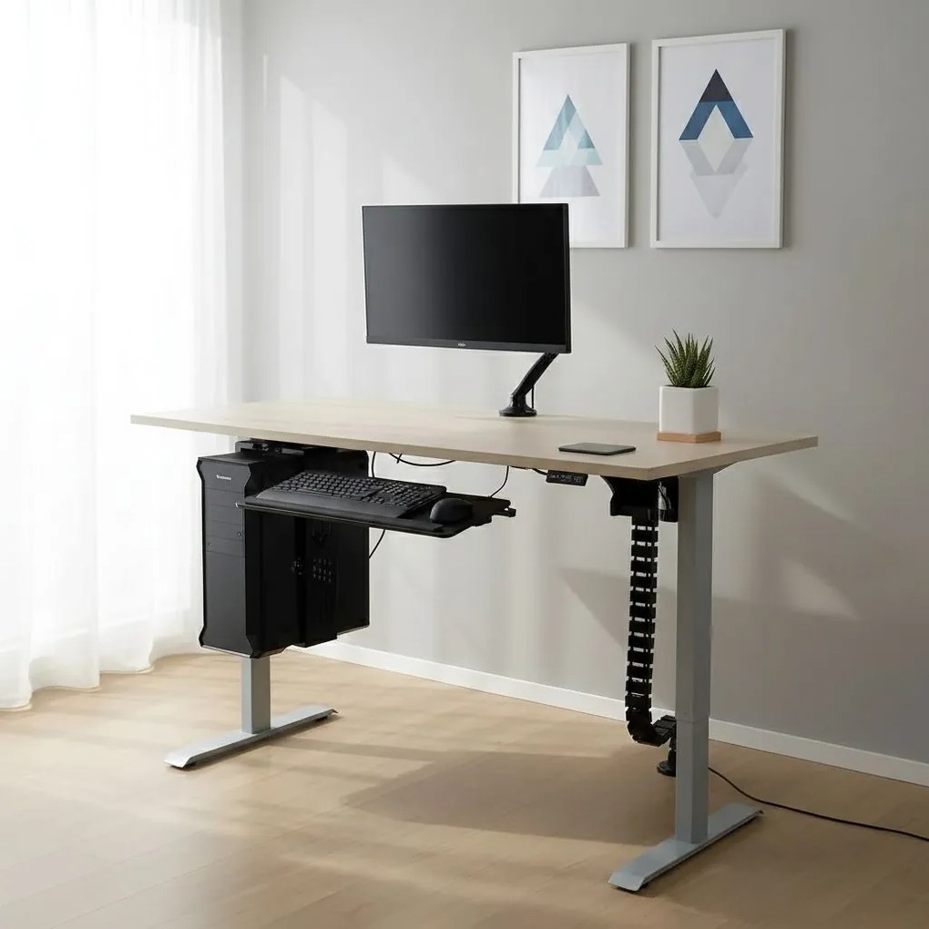 Výškově nastavitelný stůl OfficeTech A, 160 x 80 cm, šedá podnož, bílý jasan