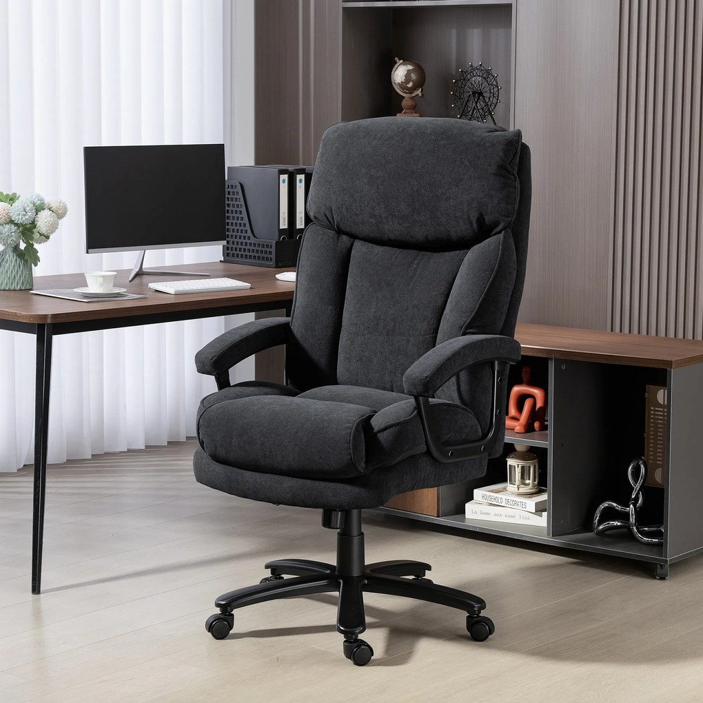 HOMCOM ergonomická kancelářská židle s vysokým opěradlem (nosnost 200 kg) – látka vzhled lnu, nastavitelná výška, houpání, široké sedadlo, černá