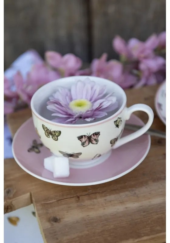 Růžovo-bílý porcelánový šálek s podšálkem s motivem motýlků Butterfly paradise – 200 ml