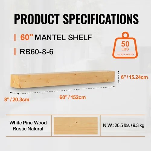Krbová římsa Dřevěná police Plovoucí rustikální 152,4 cm Natural