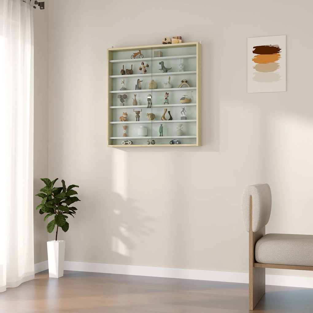 HOMCOM vitrína pro sbírky Nástěnná vitrína 80 x 9,5 x 83 cm 6 výškově nastavitelných polic 2 posuvné skleněné dveře