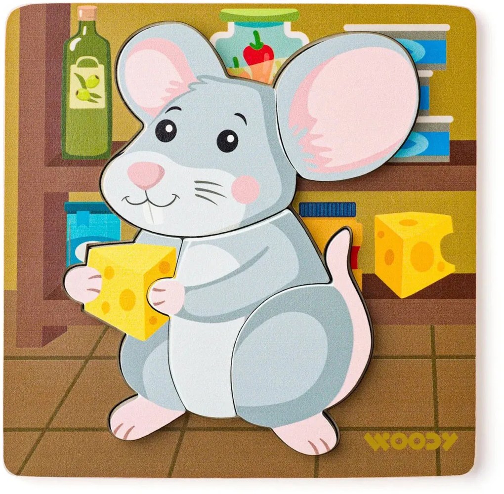 WOODY DŘEVO Baby vkládací puzzle myška skládačka 5 dílků na desce 91365