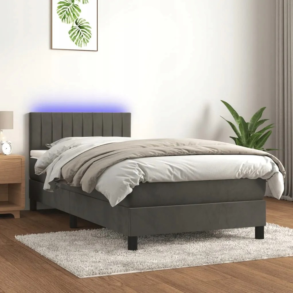 Box Spring Postel S Matrací A Led Samet Tmavě Šedá Svislé pruhy 80 x 200
