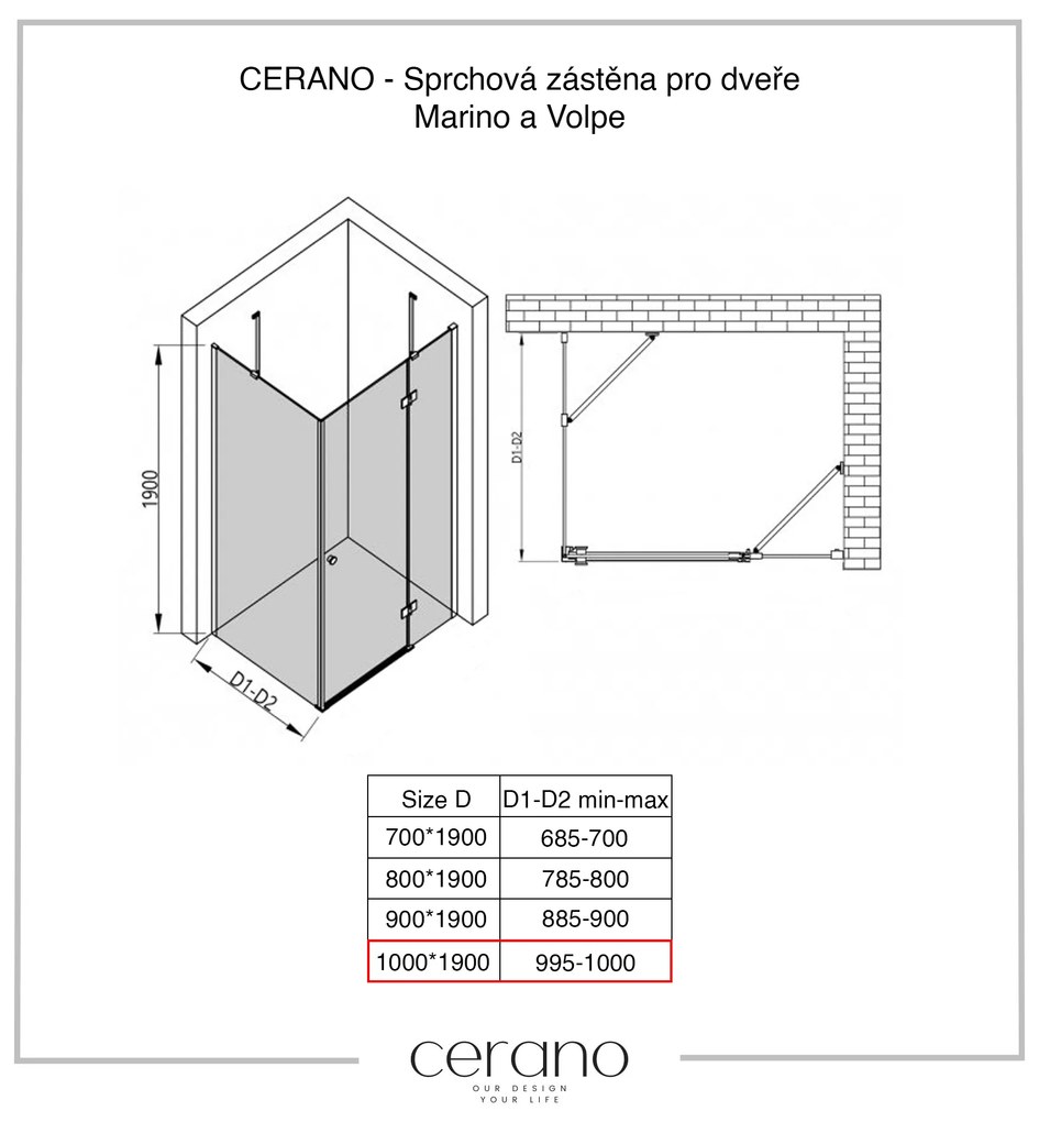 CERANO Cerano, pevná sprchová zástěna pro dveře Marino a Volpe 100x190 cm, 6mm čiré sklo, černý profil, CER-CER-420273