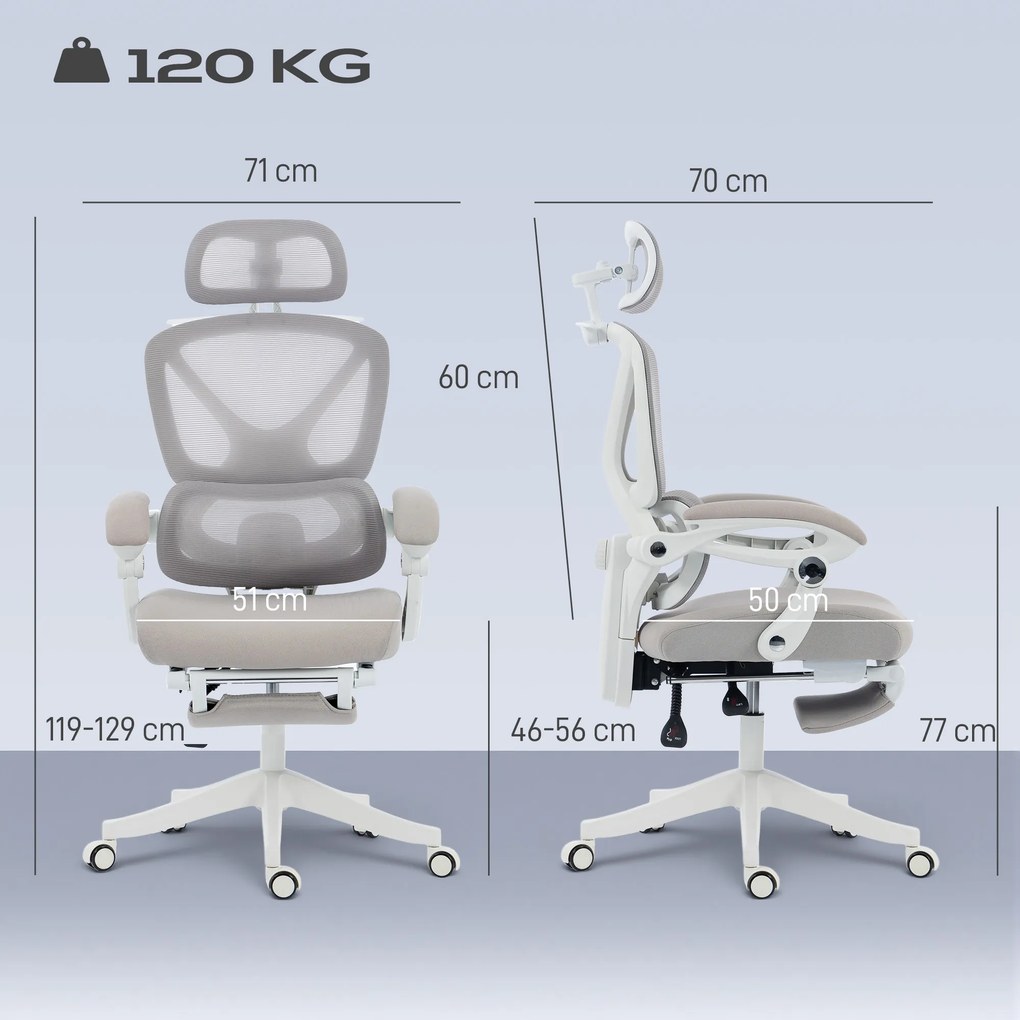 HOMCOM Kancelářská židle, ergonomická židle k psacímu stolu s opěrkou nohou, houpací funkcí, opěrkami rukou, síťovina, šedá