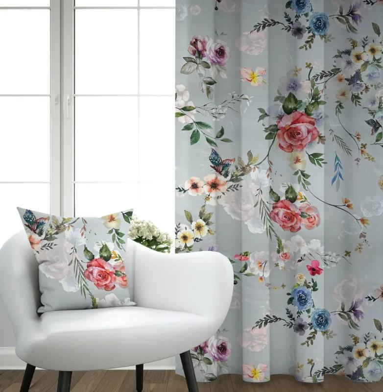 Ervi Saténový závěs DELUXE - Barevné květy na šedém