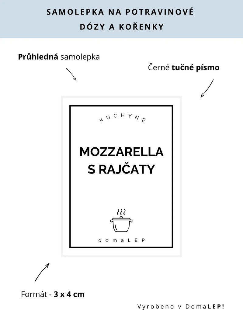 Samolepka na kořenky MOZZARELLA S RAJČATY průhledná 3 × 4 cm tučné písmo