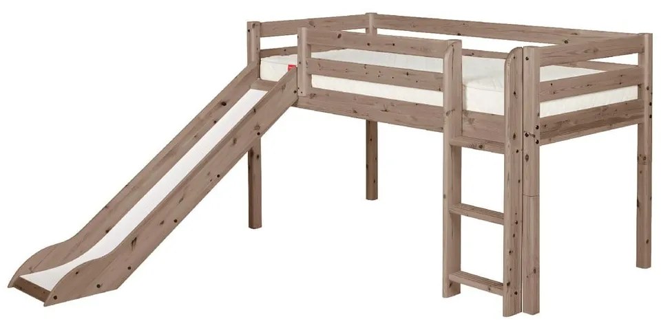 Hnědá středně vysoká dětská postel z borovicového dřeva se skluzavkou Flexa Classic, 90 x 200 cm