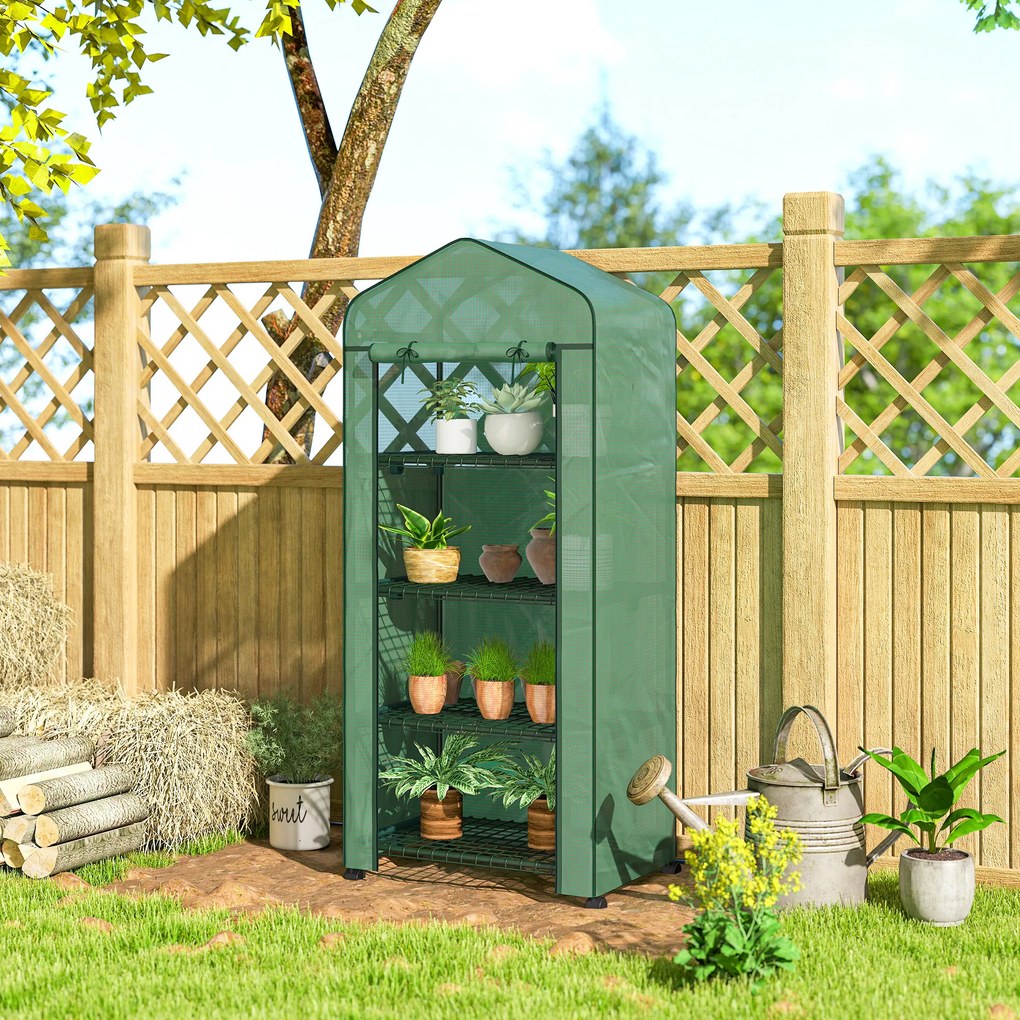 Fóliový skleník Outsunny s rolí, skleník se 4 policemi, fóliový skleník s ocelovým rámem, pro zahradu, balkon 69 x 50 x 165 cm, zelený