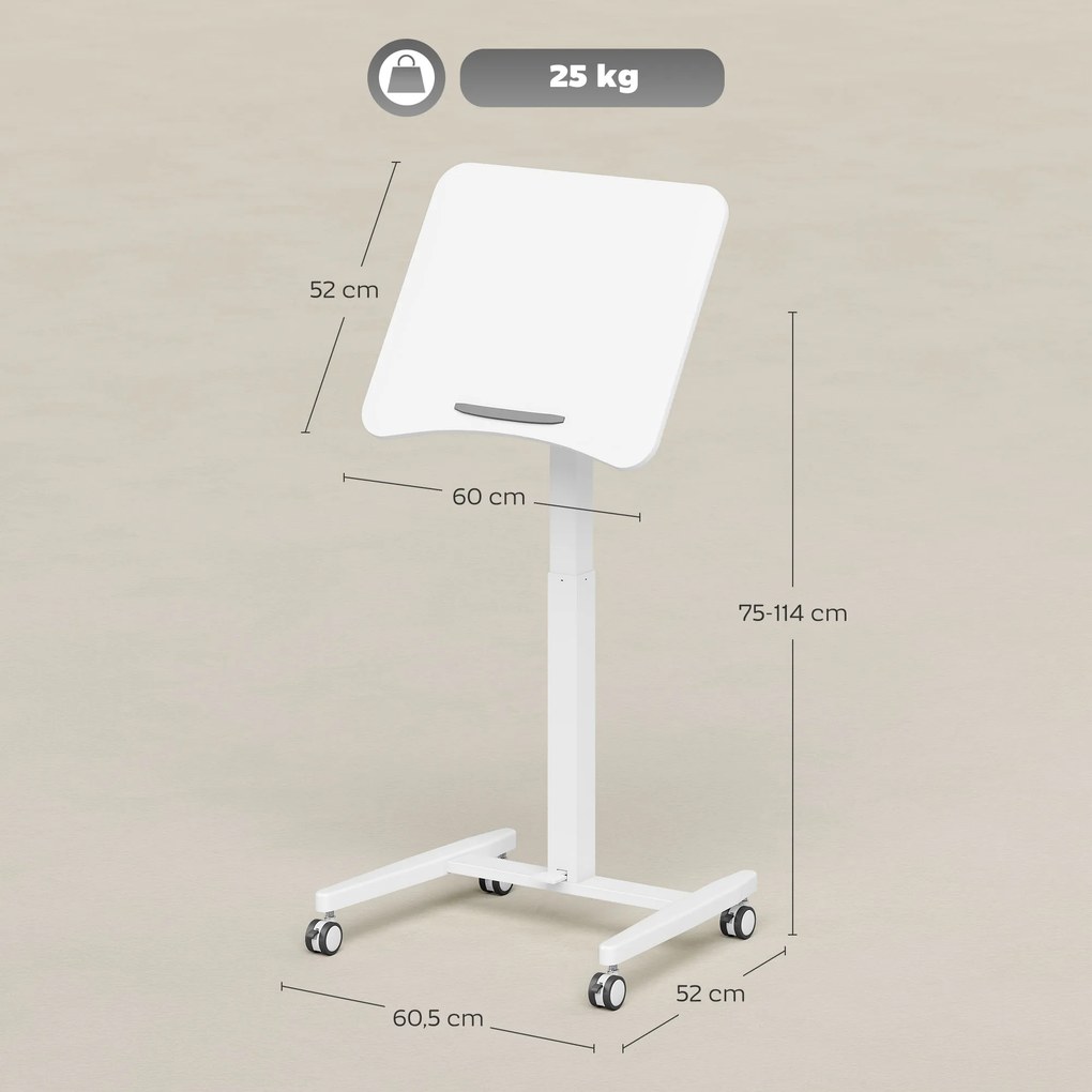 HOMCOM výškově nastavitelný stojací stůl 75–114 cm — mobilní stolík na notebook s naklápěcí deskou, bezpečnostní zarážkou, ocelovým rámem, pneumatick…