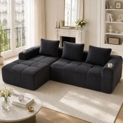 Aosom Manšestrová kombinovaná pohovka se 3 polštáři, bočními kapsami a držáky nápojů, 253D x 158Š x 61V cm, tmavě šedá