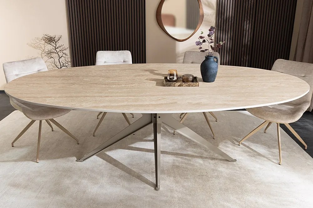 Oválný keramický jídelní stůl Tavorian 220 cm travertin / šampaňský