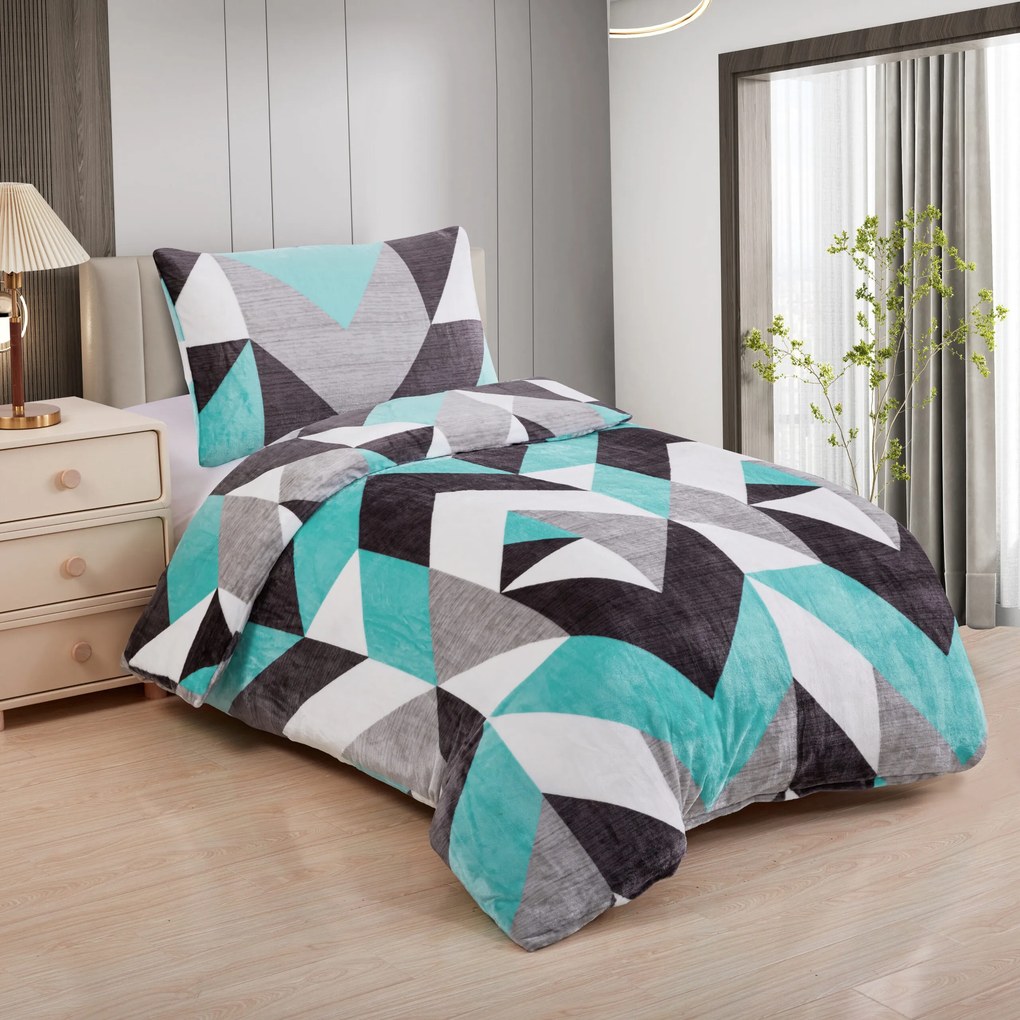Mikroplyšové povlečení Triangulo tyrkys 200x140cm+90x70cm TiaHome