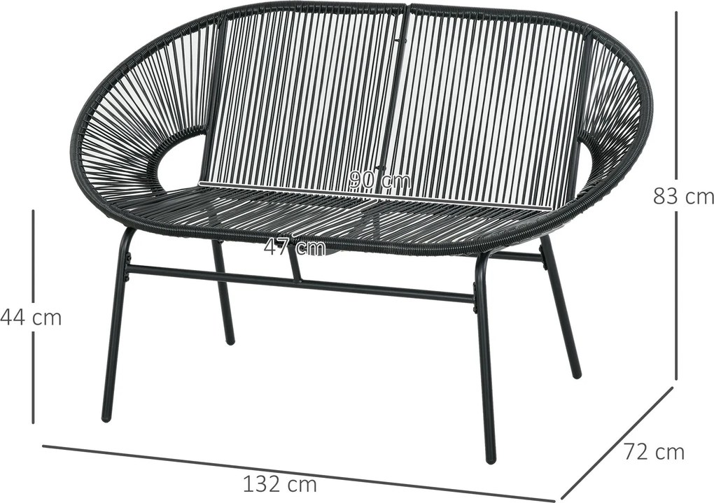 Outsunny zahradní lavička pro 2 osoby ve stylu ocel a umělý ratan s 2 polstry - rozměry 132D x 72Š x 83V cm - černá