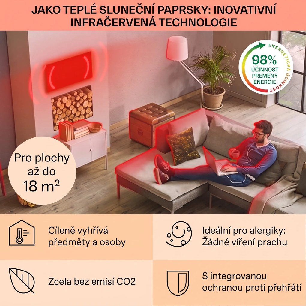 Klarstein La Palma 900, infračervený ohřívač 2 v 1, smart, 40 x 160 cm, 900 W, zrcadlová přední strana