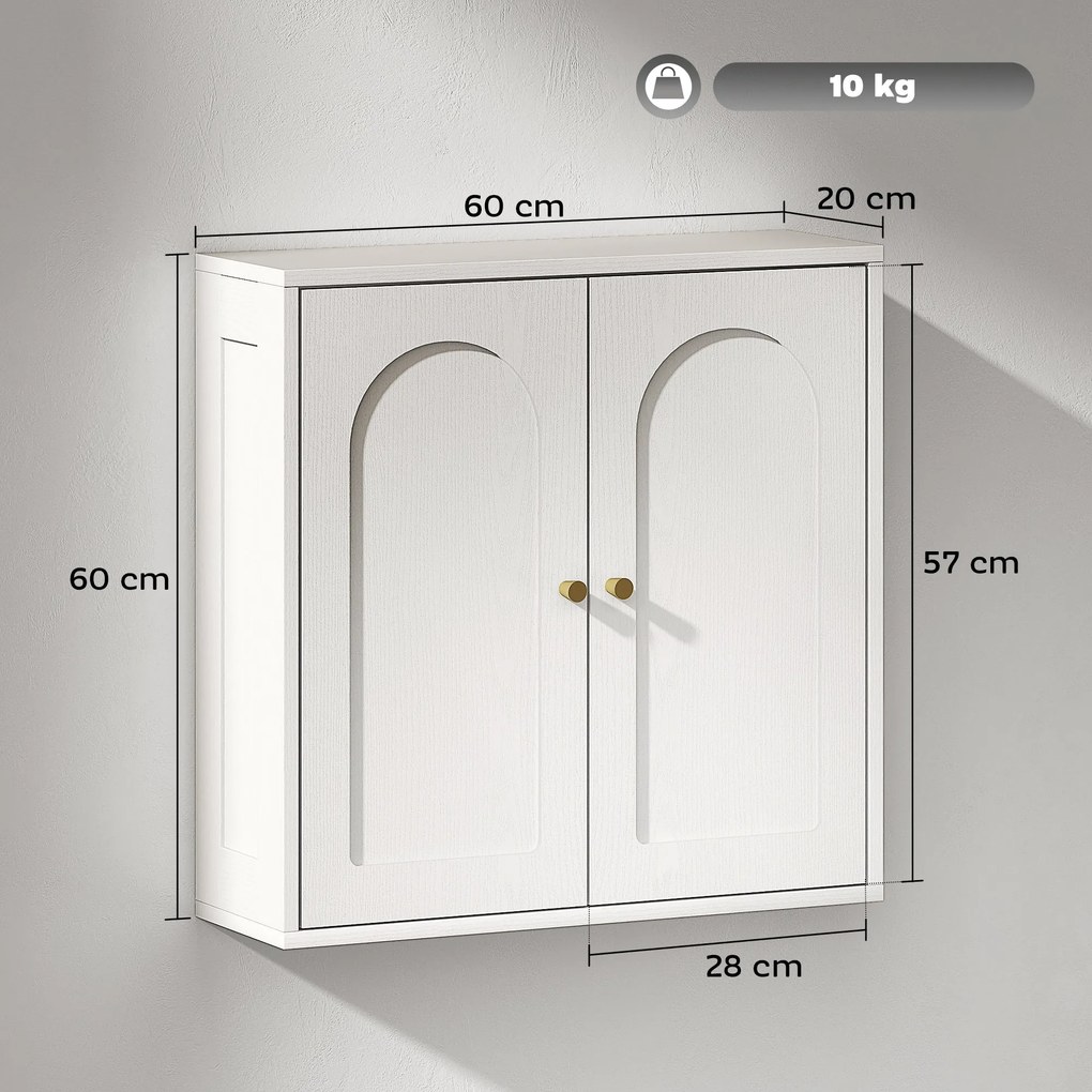 HOMCOM Koupelnová nástěnná skříňka s regály, 2 dveře s obloukovým designem a zlatými úchyty, 60x20x60 cm, bílá