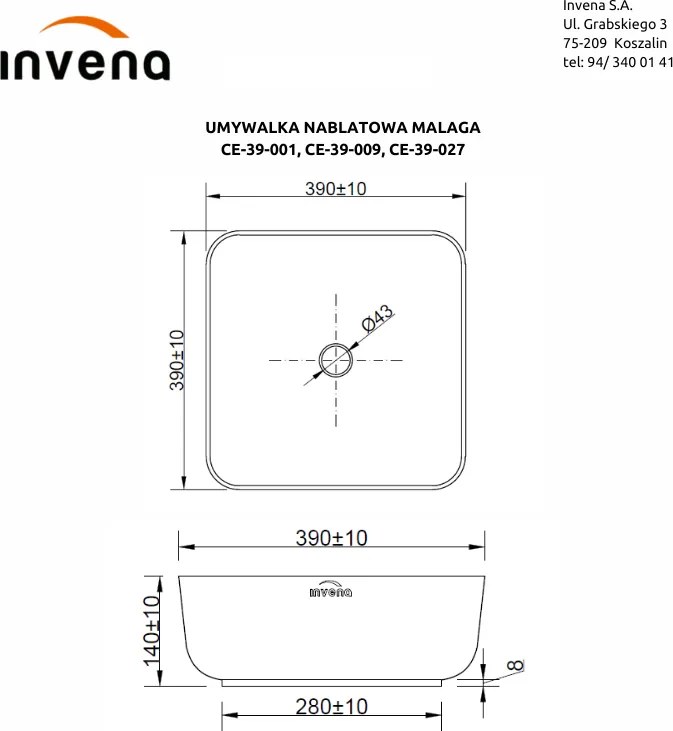 Invena Malaga, keramické umyvadlo na desku 39x39x14 cm, zlatá lesklá-černá matná, INV-CE-39-027-C