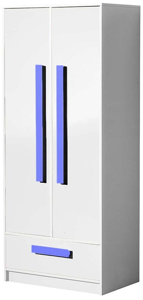 Šatní skříň GULIVER 1 Domel 80/191/50 barva: bílý mat/růžový lesk/modré úchyty