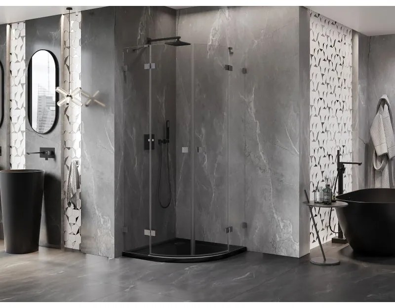 Mexen Lunar, půlkruhový výklopný sprchový kout 80 x 80 cm, 8mm čiré sklo, pistolově šedý kartáčovaný - 833-080L-080P-66-00