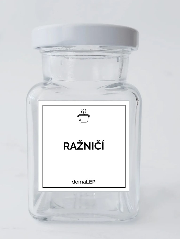 Samolepka na kořenky RAŽNIČÍ bílá 5 × 5 cm tučné písmo