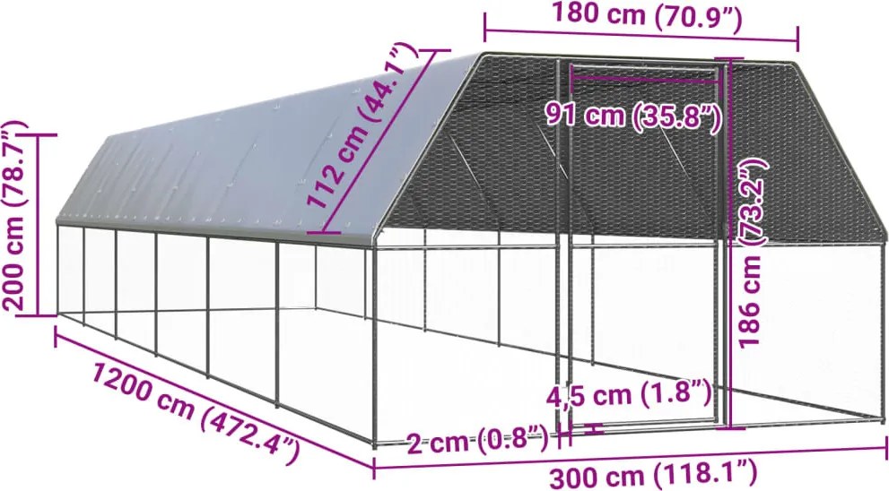vidaXL Venkovní klec pro kuřata 3x12x2 m pozinkovaná ocel [3154380]