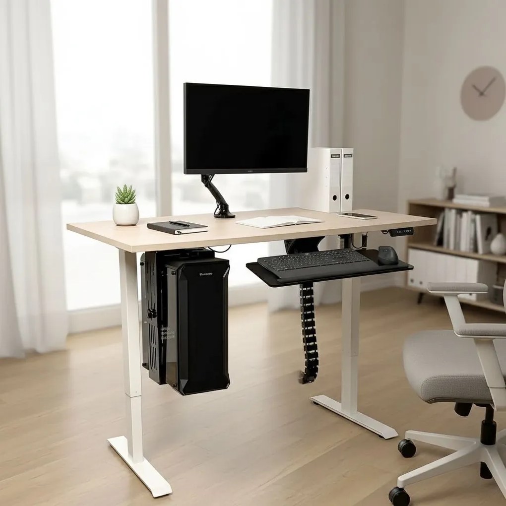 Výškově nastavitelný stůl OfficeTech C, 180 x 80 cm, bílá podnož, dub