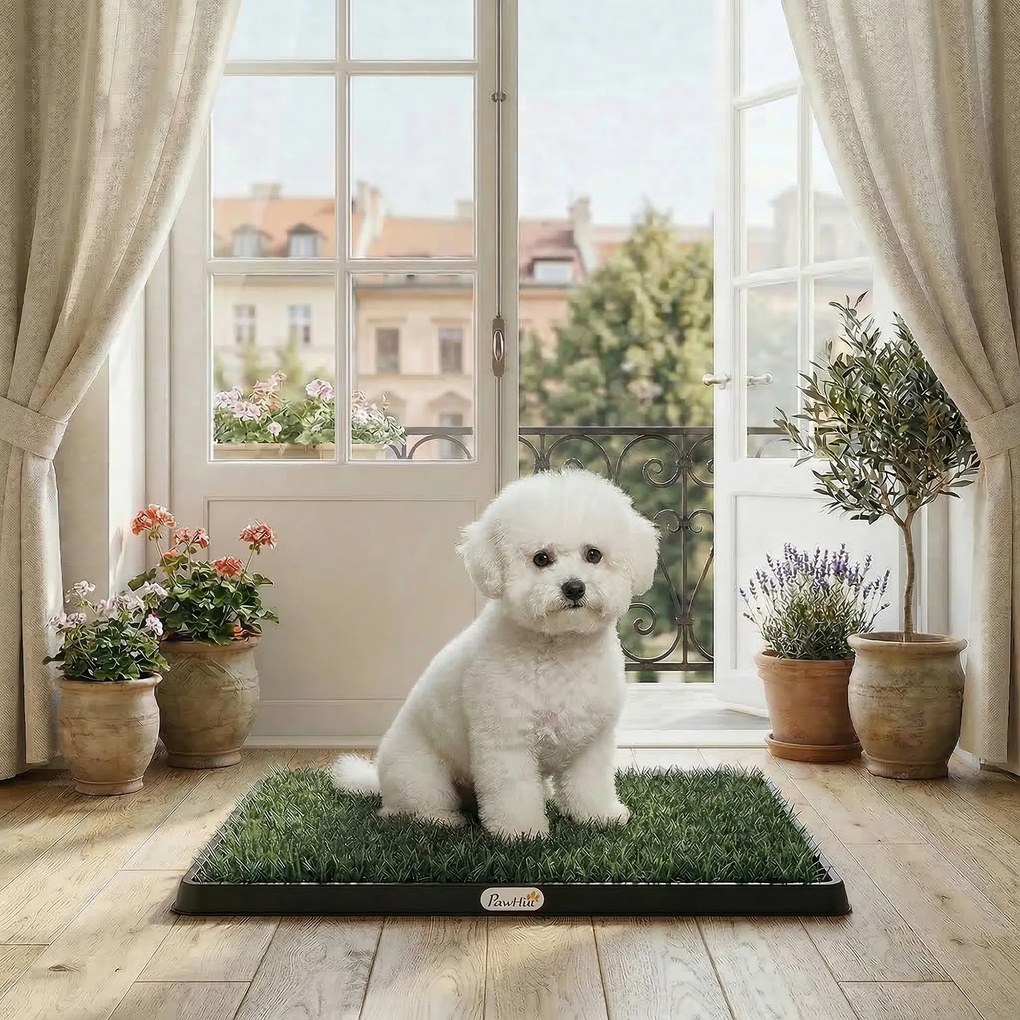 PawHut Záchod pro psy 63 x 50,5 cm Záchod pro psy se 2 umělými trávníky omyvatelný Záchod pro psy na balkon doma Černá+Zelená