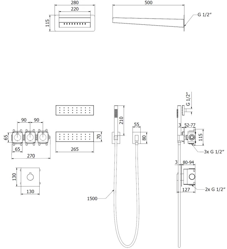 Mexen Fall, sprchová souprava pod omítku, černá matná, 7602-04-70