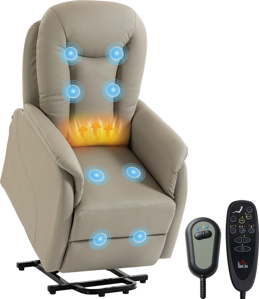HOMCOM Elektrické křeslo s funkcí vstávání, nastavitelné až do 145°, 8bodová masáž a topná funkce, světle šedé
