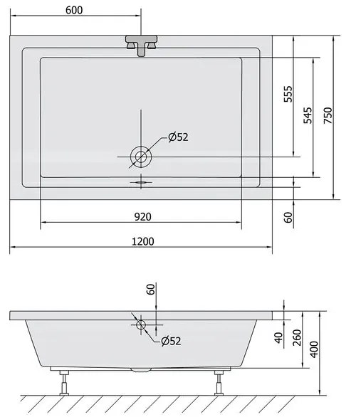 Polysan Deep Hluboká sprchová vanička s konstrukcí 120x75x26 cm, bílá 78796