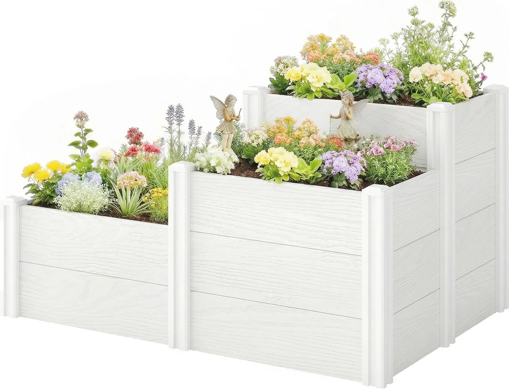 Outsunny 3patrový stohovatelný vyvýšený záhon s otevřeným dnem – modulární vinylový truhlík pro zahradu a balkon, 120 x 80 x 64 cm, bílý | Aosom