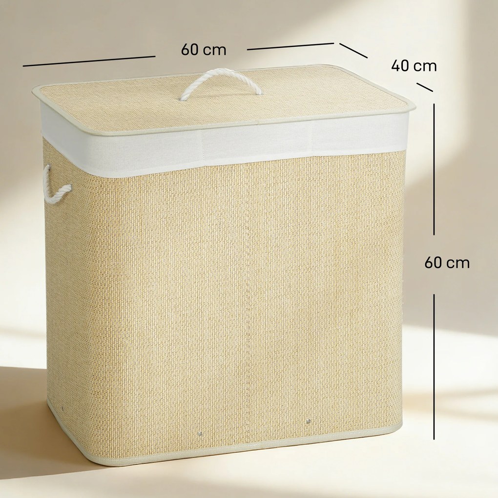 HOMCOM bambusový koš na prádlo s víkem, 144 l, 3 přihrádky, vyjímatelné pratelná vložka, madla, 60×40×60 cm, krémový