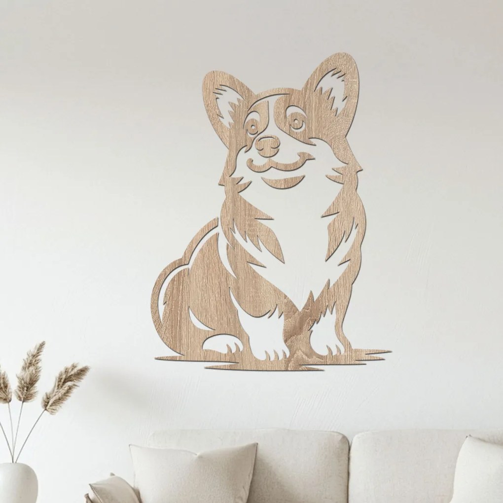 dřevo života Dřevěný obraz sedící Corgi Zvolte rozměr (cm): 45x60, Zvolte barvu dekoru: Ořech