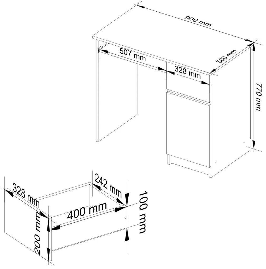 Psací stůl 90 cm Piksel bílý/šedý pravý