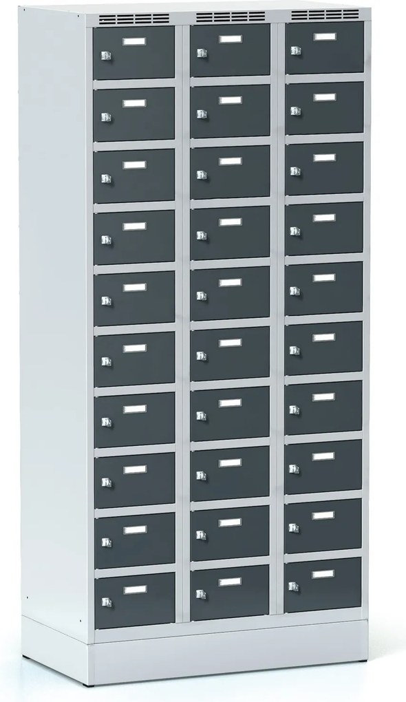 Šatní skříňka S6 s úložnými boxy na soklu, 30 boxů, 1920 x 900 x 500 mm, otočný zámek, tmavě šedé dveře