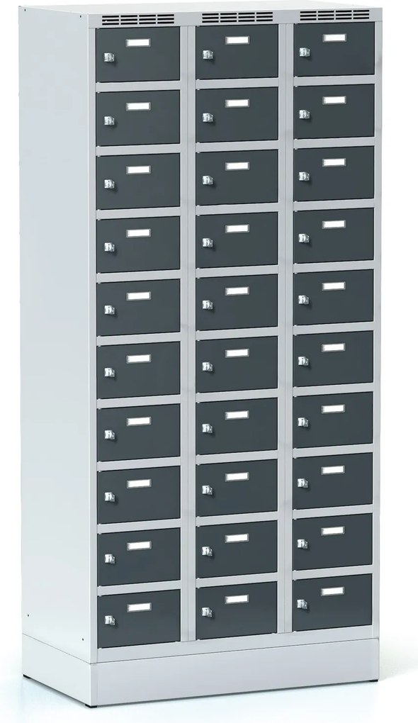 Šatní skříňka S6 s úložnými boxy na soklu, 30 boxů, 1920 x 900 x 500 mm, otočný zámek, tmavě šedé dveře