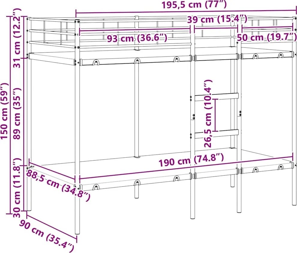 vidaXL Patrová postel bez matrace 90x190 cm ocel [42000328] Barva: Bílá