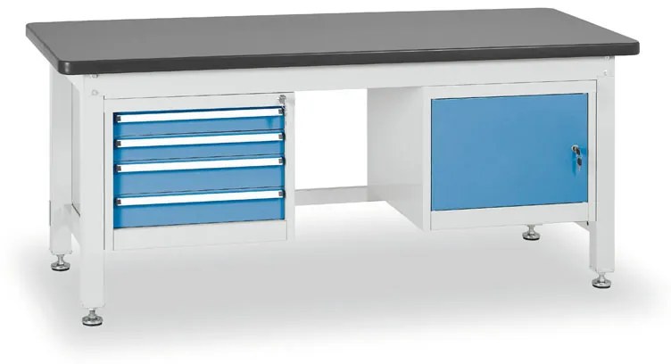 B2B Partner Pracovní stůl do dílny BL se závěsným boxem a skříňkou na nářadí, MDF x PVC deska, 4 zásuvky,1 skříňka, 1800 x 750 x 800 mm