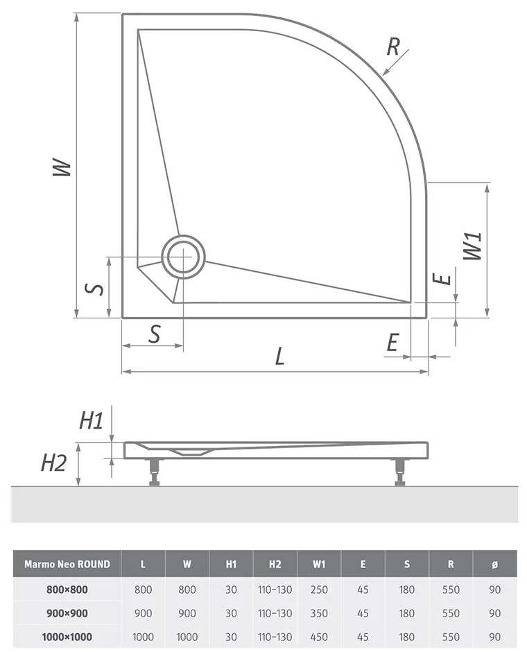 Roth Čtvrtkruhová sprchová vanička z litého mramoru MARMO NEO ROUND Varianta: rozměry: 80x80 cm - (MARMO NEO ROUND 800 - MAN RO 080080 2E)