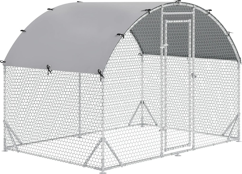 PawHut kurník pro volný chov z oceli, 280 x 190 x 197 cm, kurník s UV-odolnou střechou, dveřmi, kurník pro 4-6 slepic, malé zvířata, stříbrný | Aosom