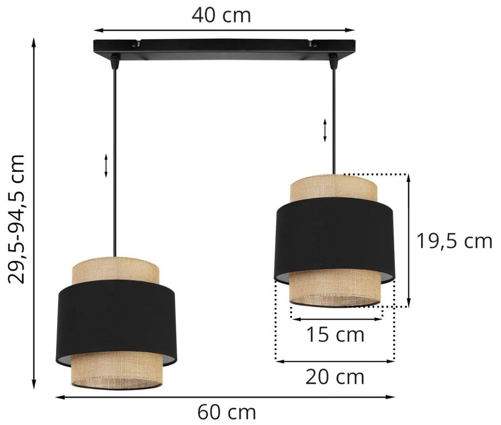 Závěsné svítidlo BOHO, 2x jutové/černé textilní stínítko